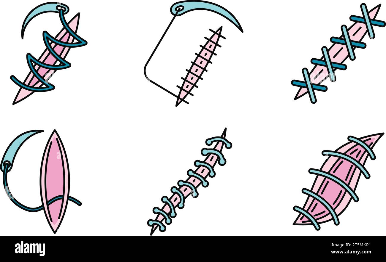 Medical suture icons set. Outline set of medical suture vector icons thin line color flat on ...