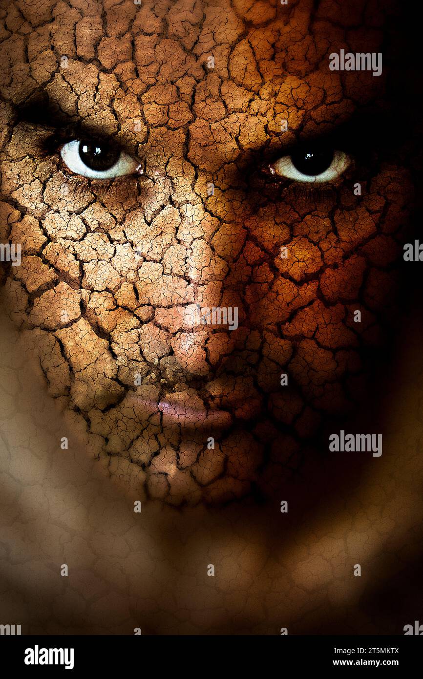A portrait of a mans face with cracked desert mud-super imposed onto ...
