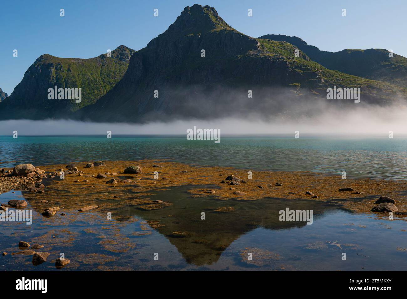 Morning fog rolling in from the sea into the fjord in this majestic ...