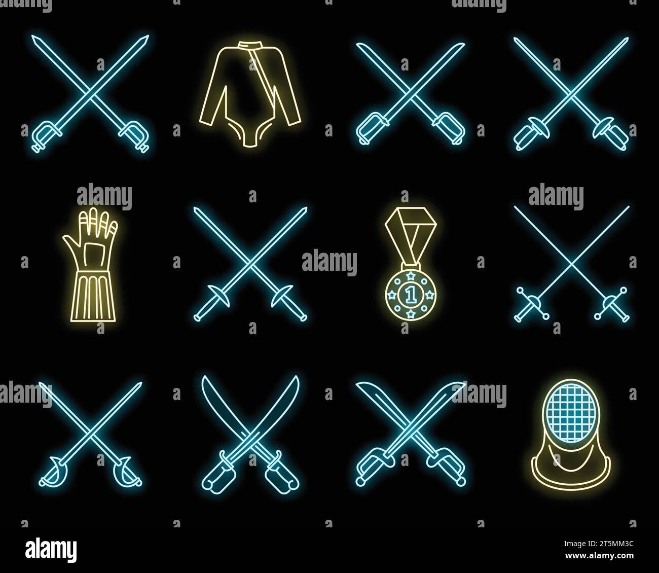 Fencing sport icons set. Outline set of fencing sport vector icons neon ...
