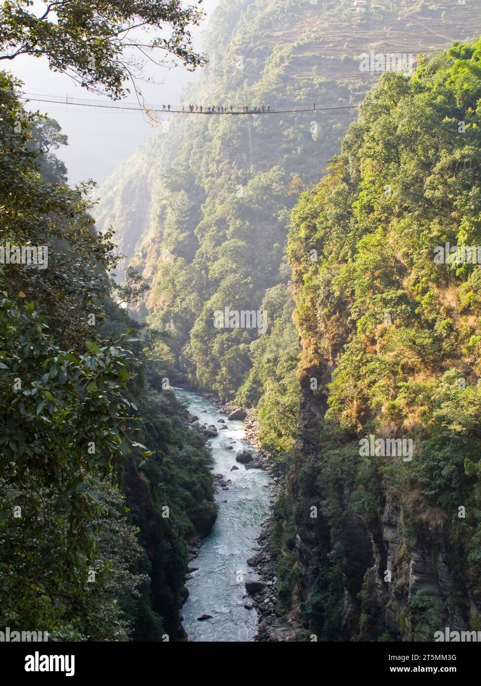 A suspension bridge hangs over a river gorge in Nepal Stock Photo - Alamy