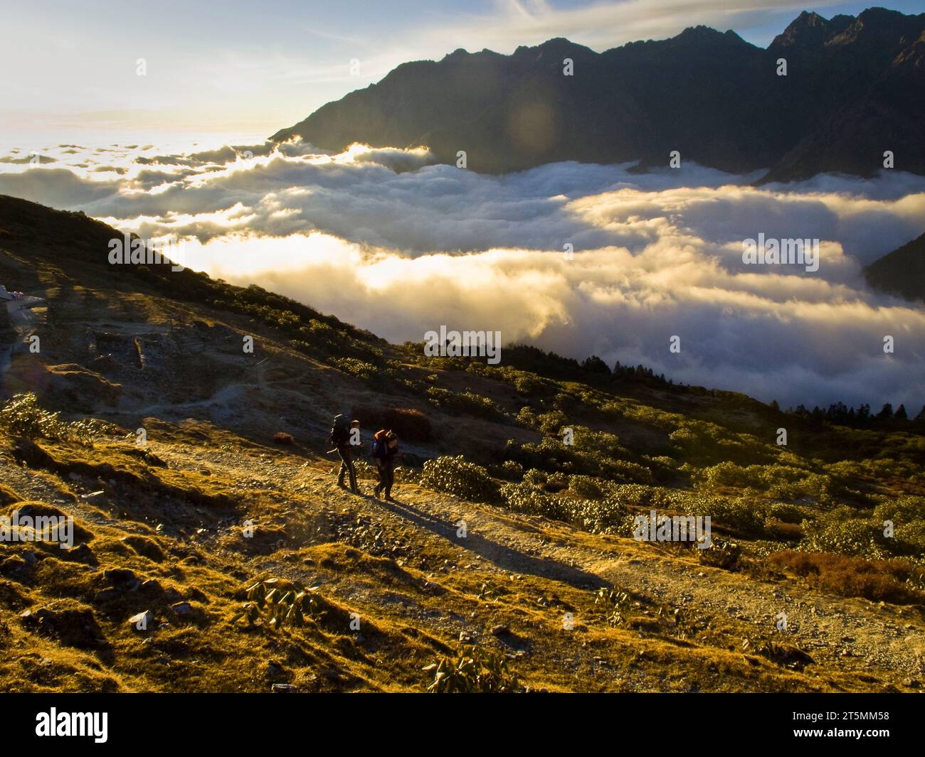 Two trekkers hiking on a trail above the clouds on the Helambu circuit ...