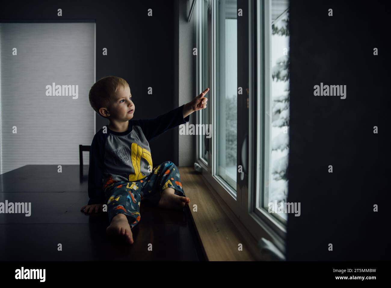 Boy pointing out window hi-res stock photography and images - Alamy