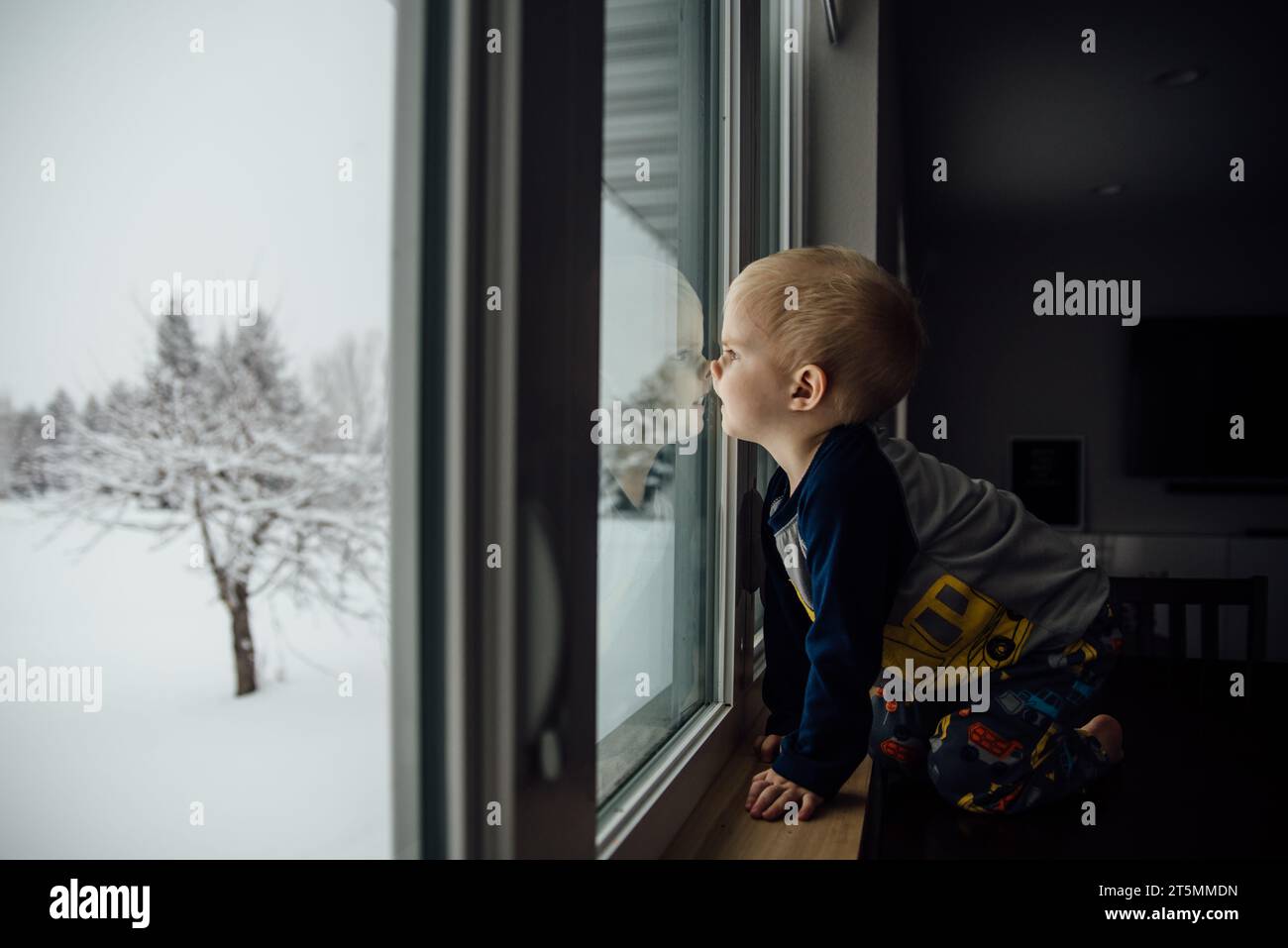 Side view of silly small boy pushing nose against window while l Stock ...