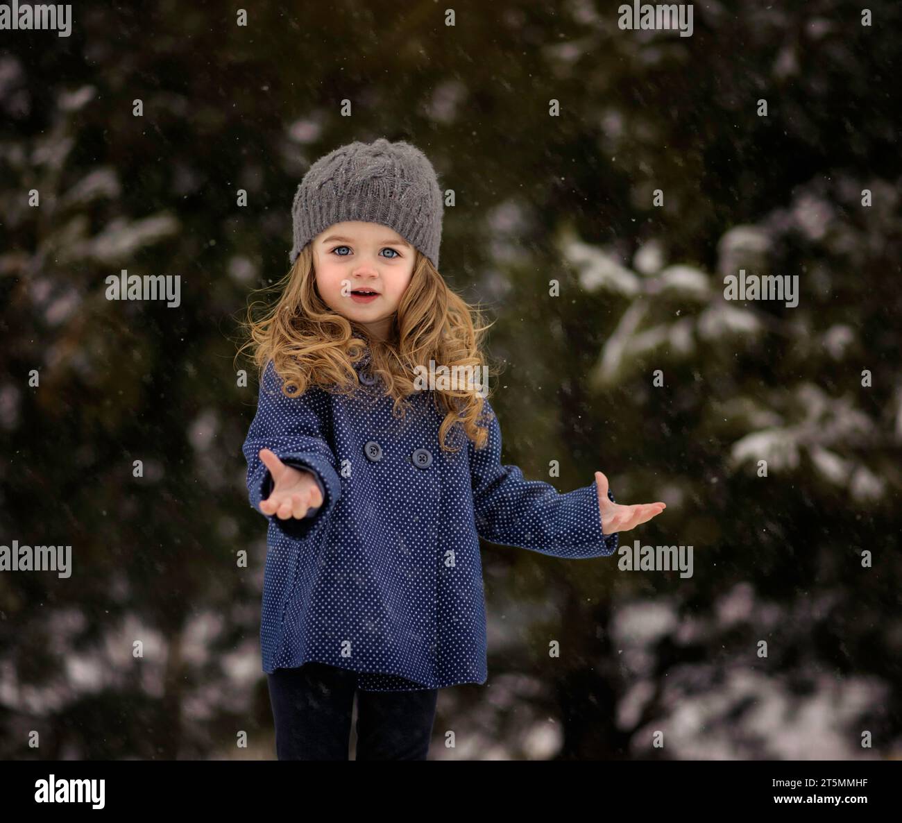 Beautiful little girl catching snow flakes Stock Photo - Alamy