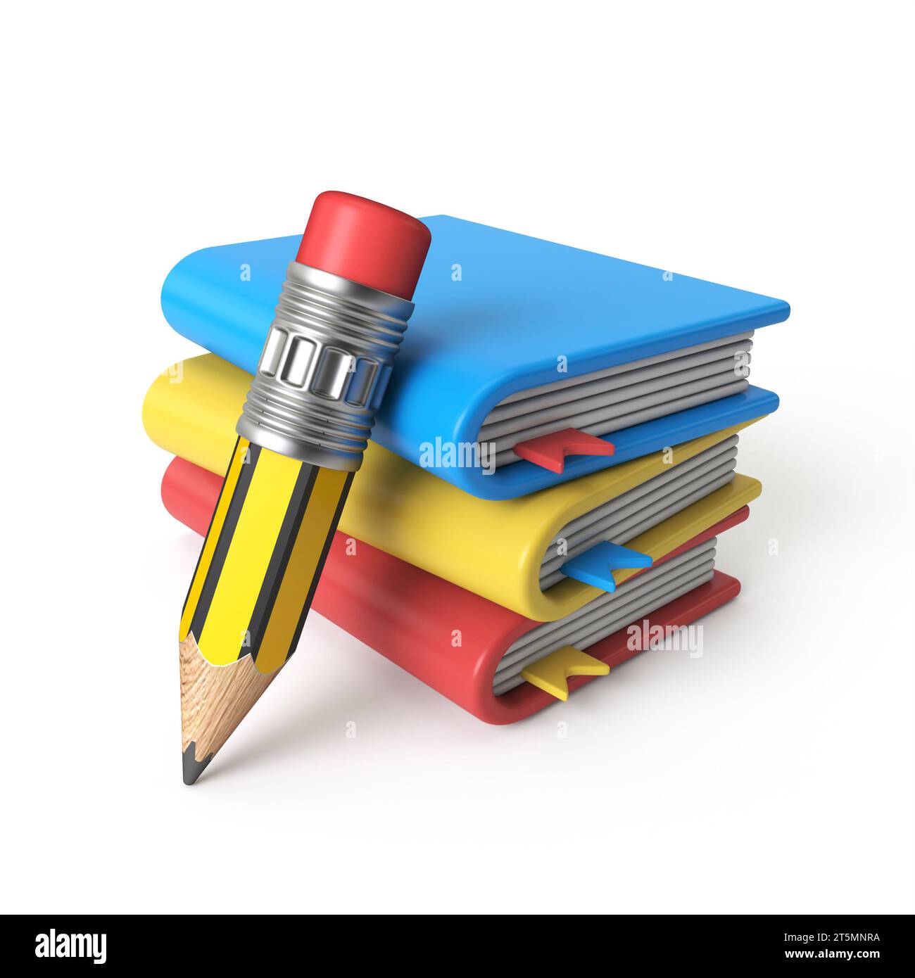 Three cartoon notebooks and pencil 3D rendering illustration isolated ...