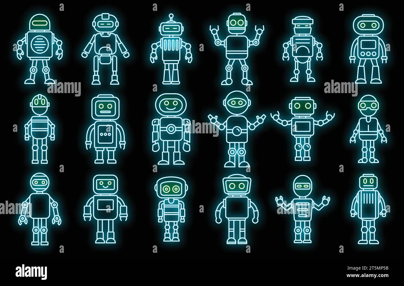 Humanoid robot icons set. Outline set of humanoid robot vector icons ...
