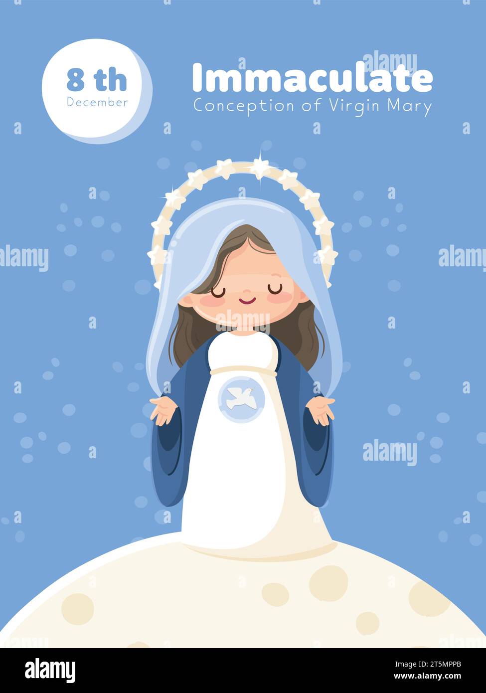 Feast of the Immaculate Conception vector illustration. Blessed Virgin Mary in the sky above the ...