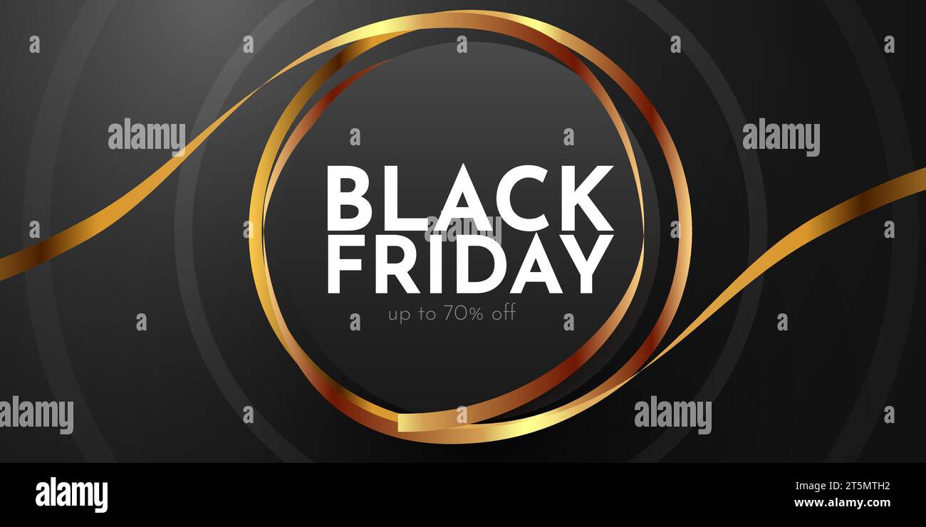Premium black friday promo banner. Black circle frame with golden ...