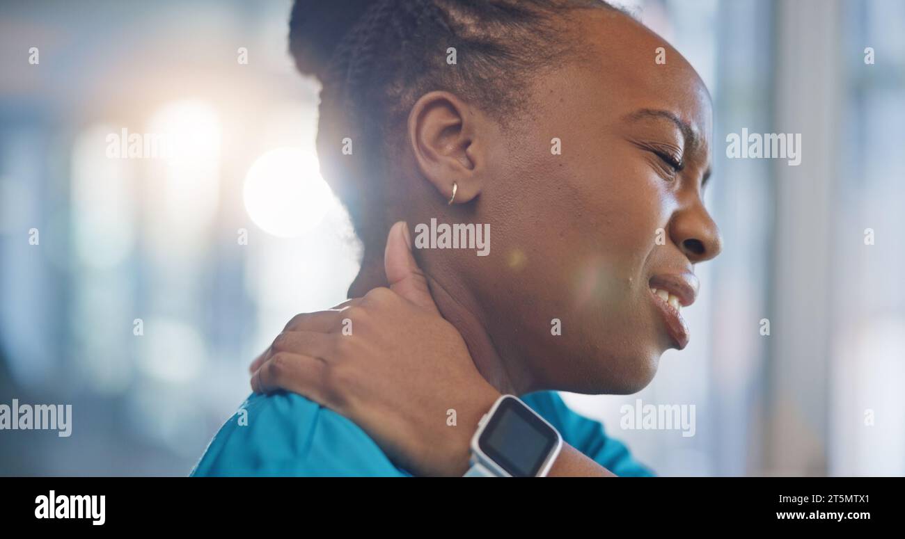 Black woman, nurse and neck pain, stress and injury with fibromyalgia ...