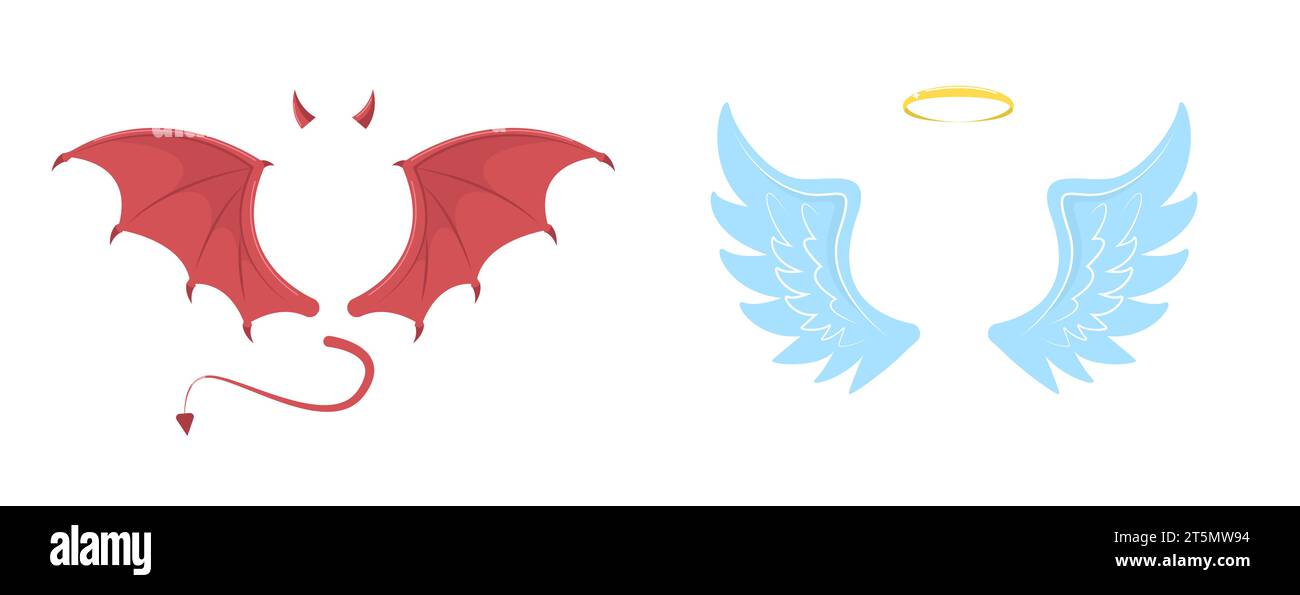 Elements of angel and devil. Blue and red wings, golden halo and horns ...