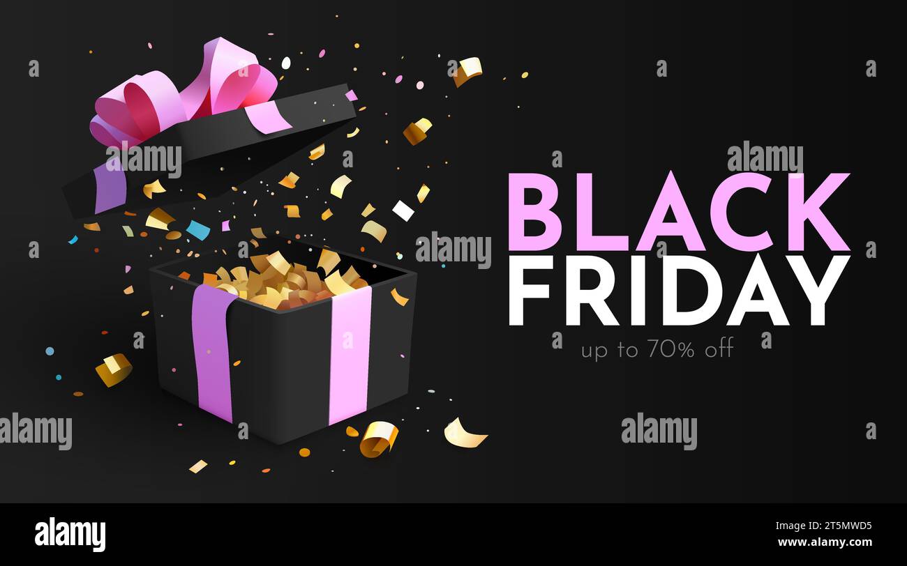 Premium black friday promo banner. Gift box with pink bow and confetti ...