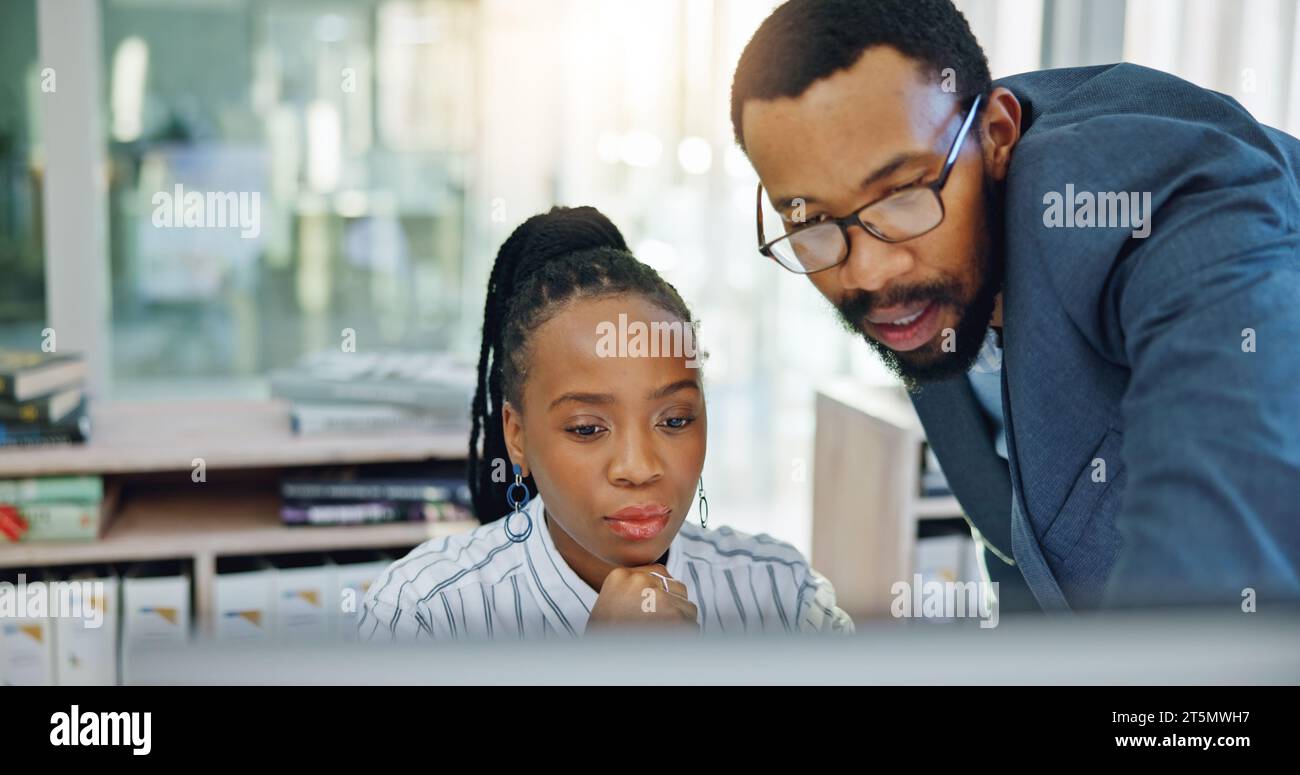 Computer, black woman and manager training or coaching employee and ...