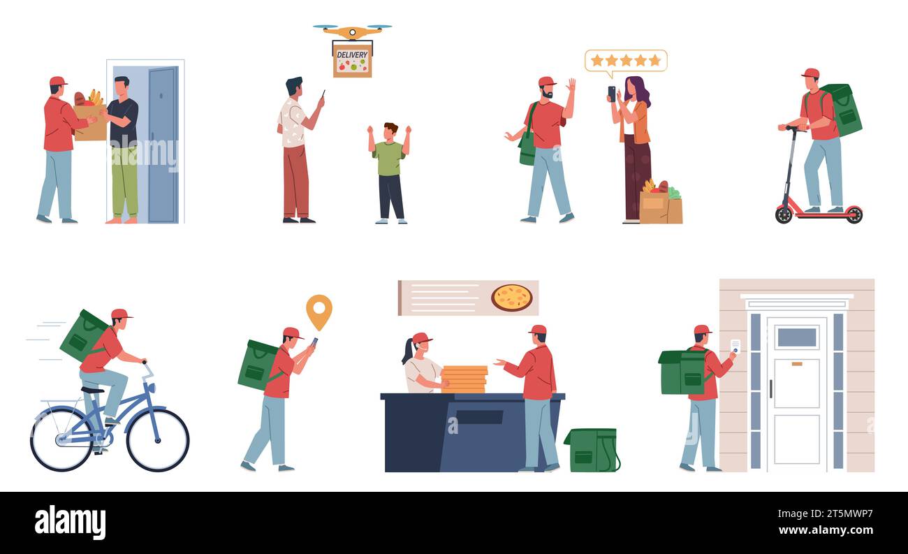 Food delivery service. Couriers delivering products from restaurants ...