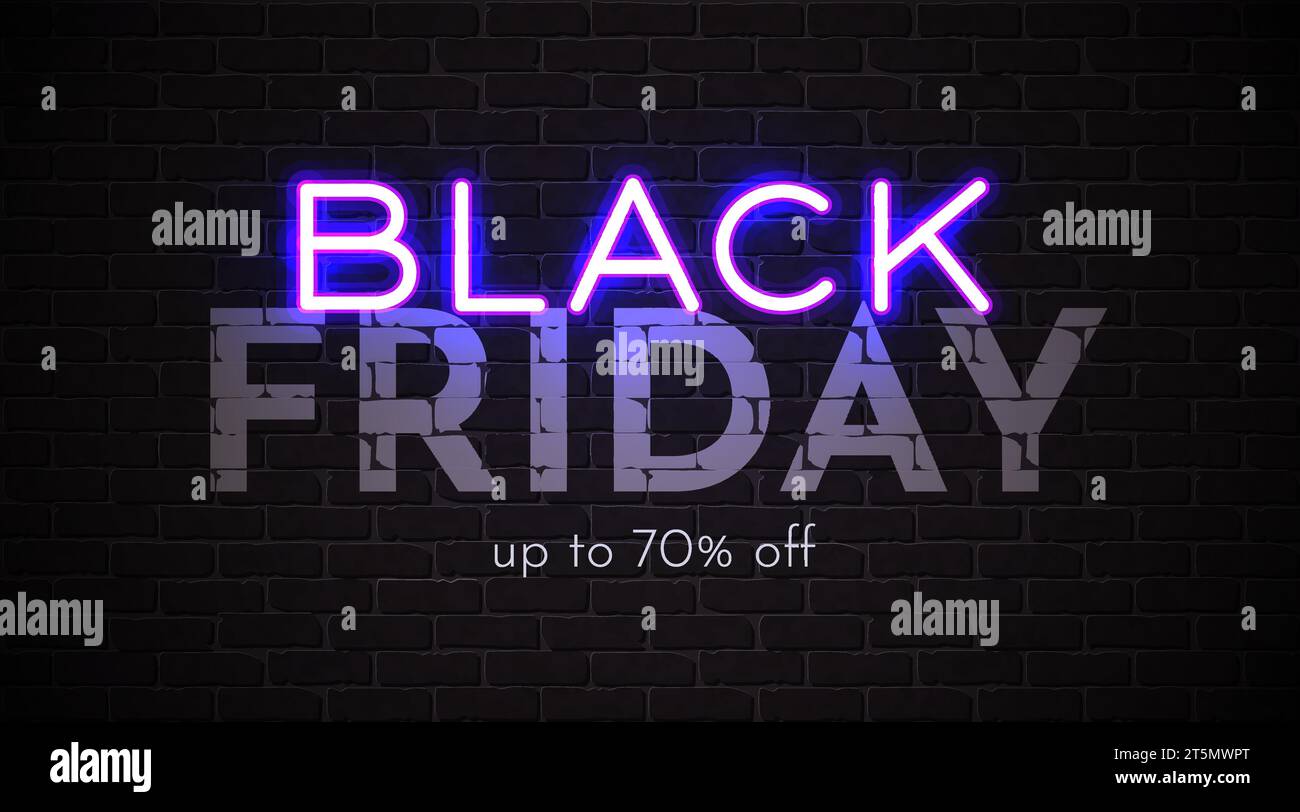 Premium black friday promo banner. Neon sign on a black brick wall ...
