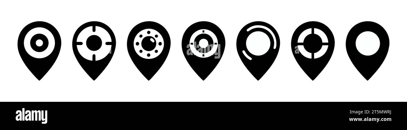 Set of black location icons on the map isolated. Vector illustration ...