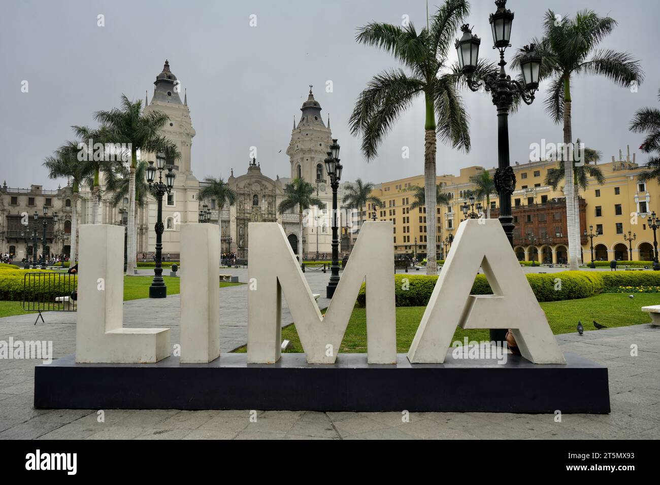 Large White Lima sign in Lima Main Square with Lima Cathedral behind ...