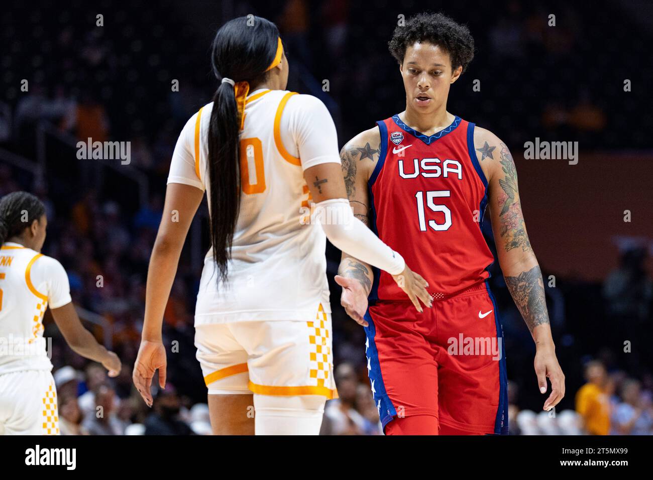 Team USA center Brittany Griner (15) shake hands with Tennessee center ...