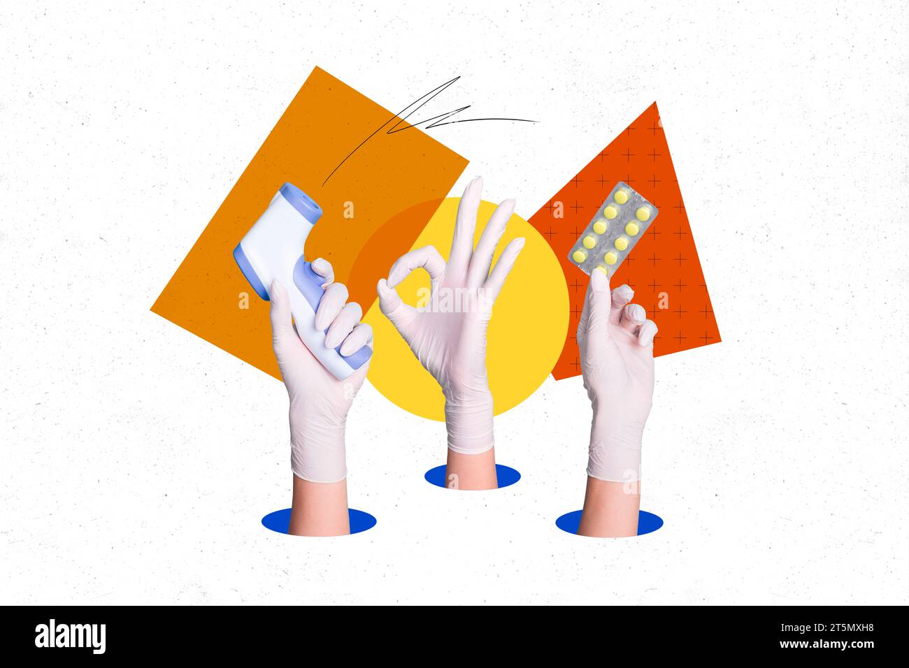 Creative collage picture of people arms latex rubber gloves hold ...