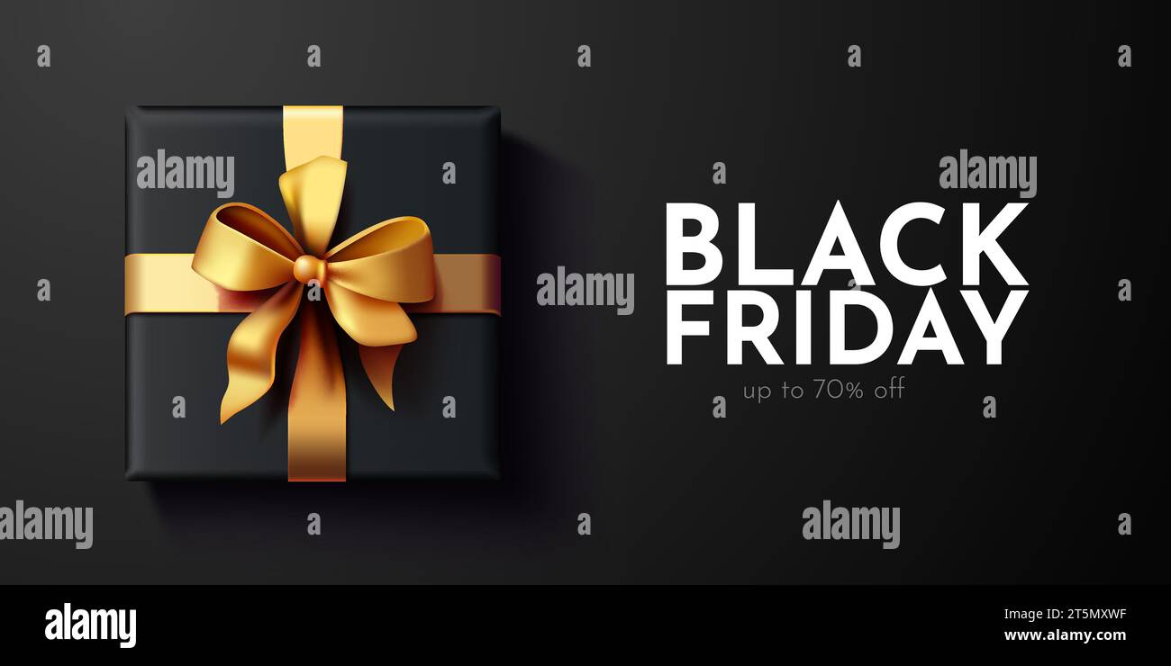 Premium black friday promo banner. Gift box with golden bow. Vector ...