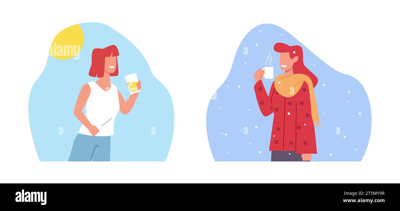 Women drink cold drink in hot weather and hot drink in cold weather ...