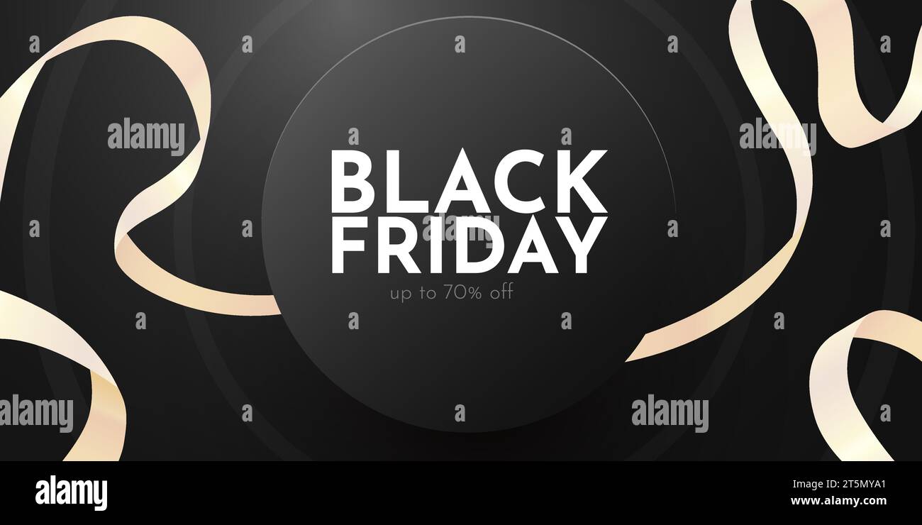 Premium black friday promo banner. Black circle frame with white ribbon ...