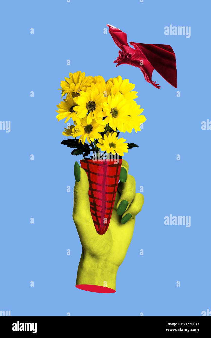 Green hand holding fresh yellow daisy flowers surreal collage with ...