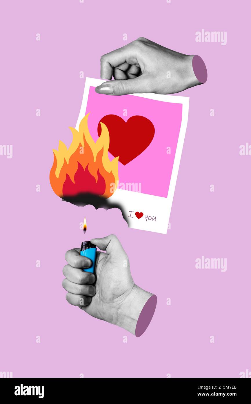 Vertical collage picture of hand holding lighter flame burning love ...