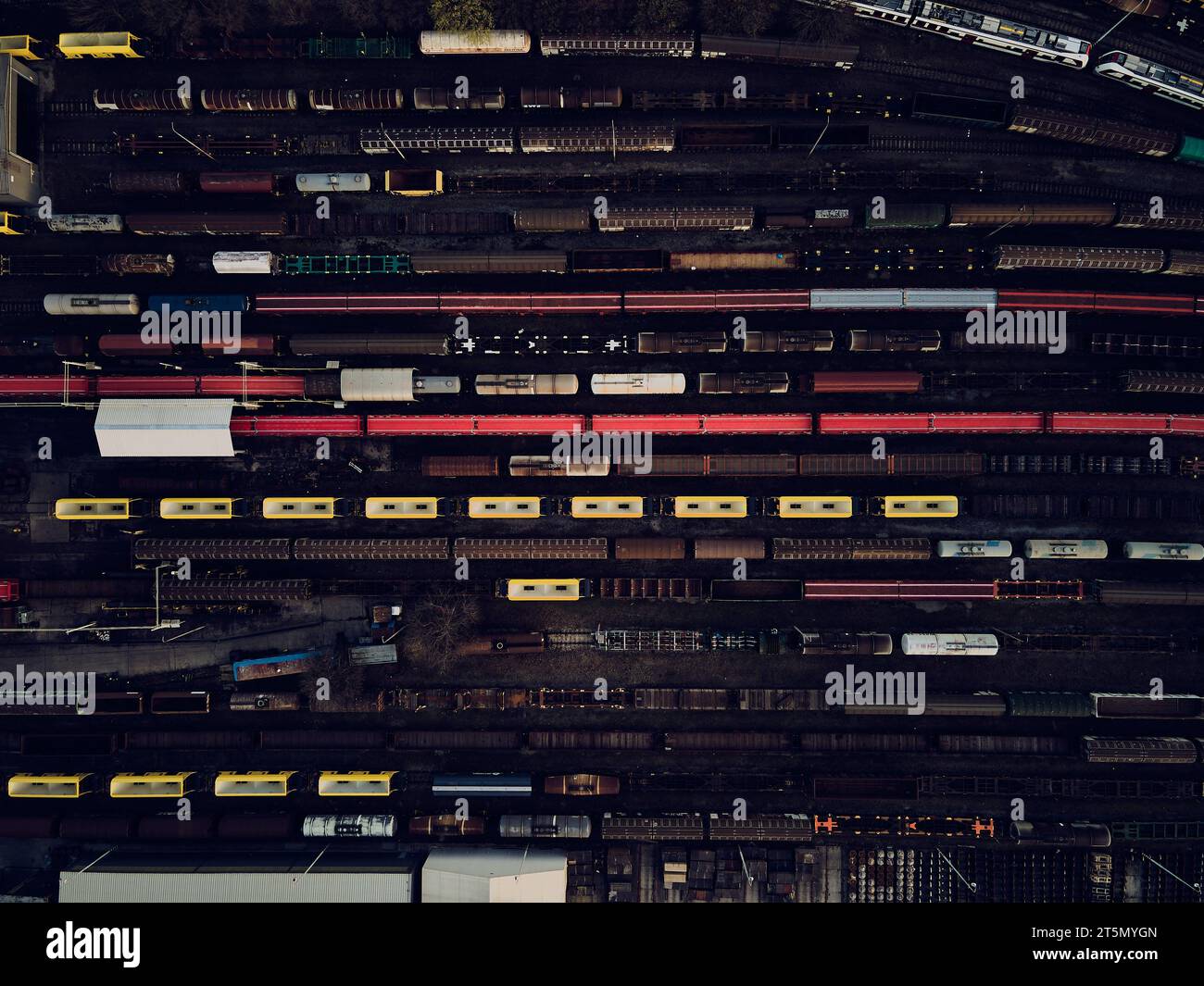 Aerial photo of railway lines, railway junction with trains. Freight ...