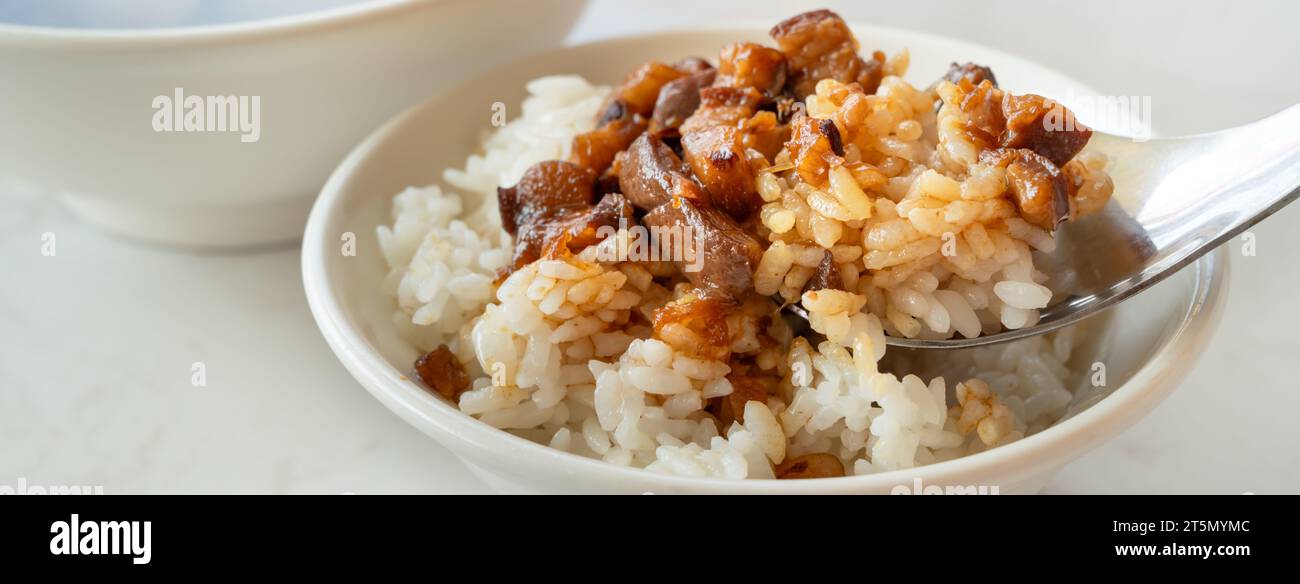 Braised meat rice, stewed pork over cooked rice in Taiwanese restaurant ...