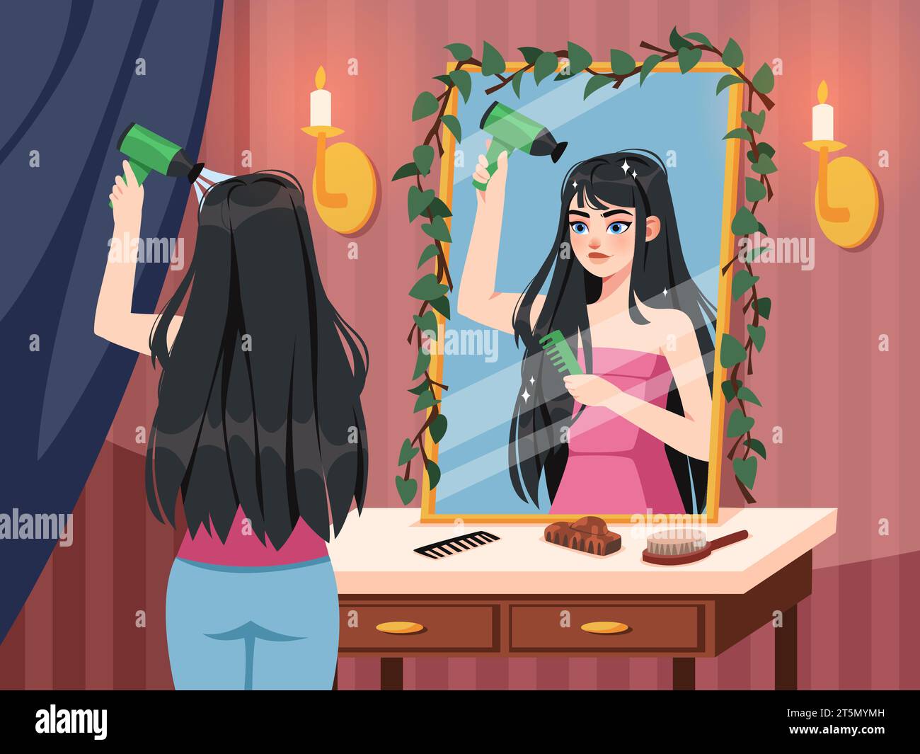 Girl dries long dark hair in mirror front. Young woman takes herself ...