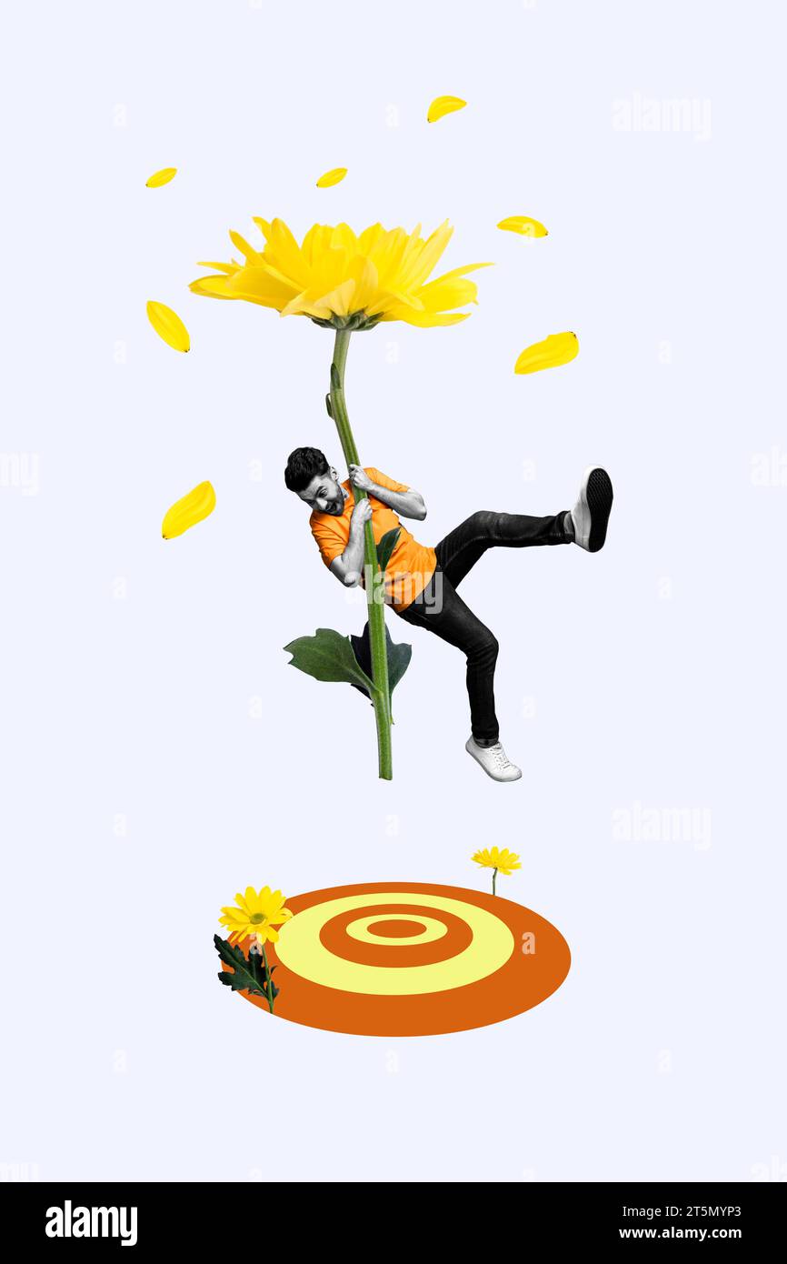 Vertical collage image of mini black white effect guy hold flying huge ...