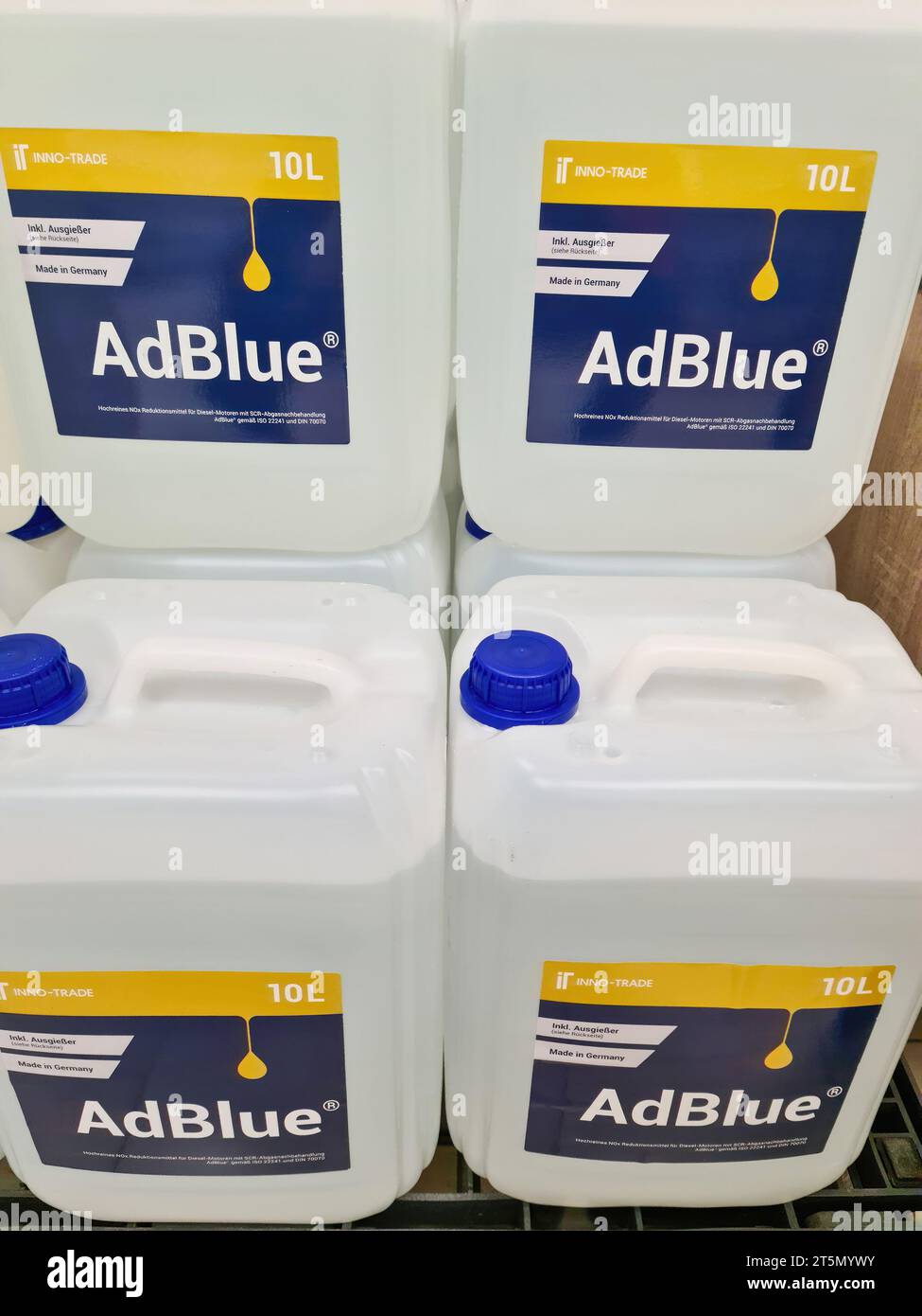Kiel, Germany - 22.October 2023: Canisters of AdBlue gasoline additive ...