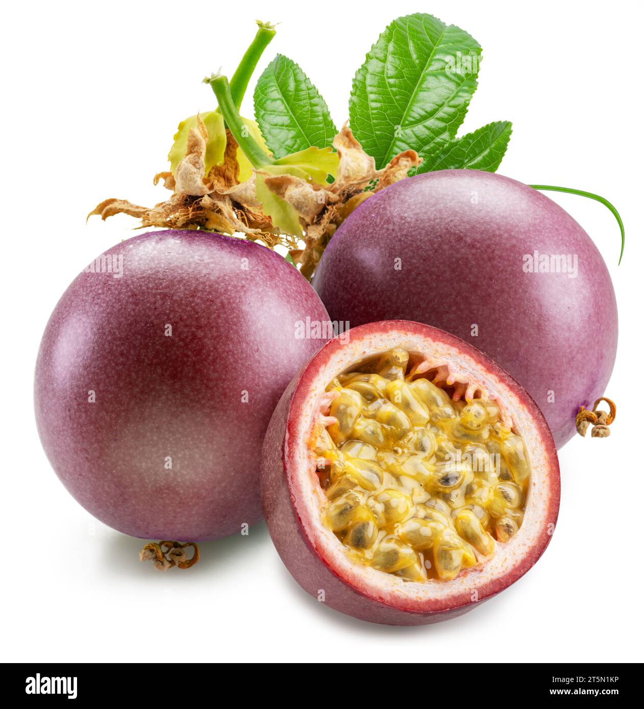 Dark purple passion fruits and it's half with seedly interior on white ...