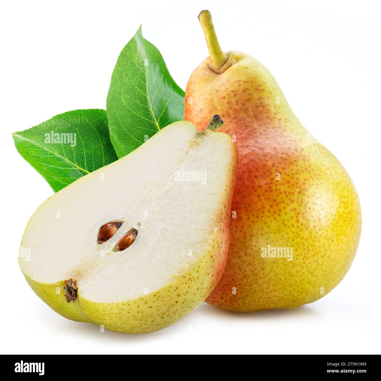 Pear and half of pear with green leaf isolated on white background ...