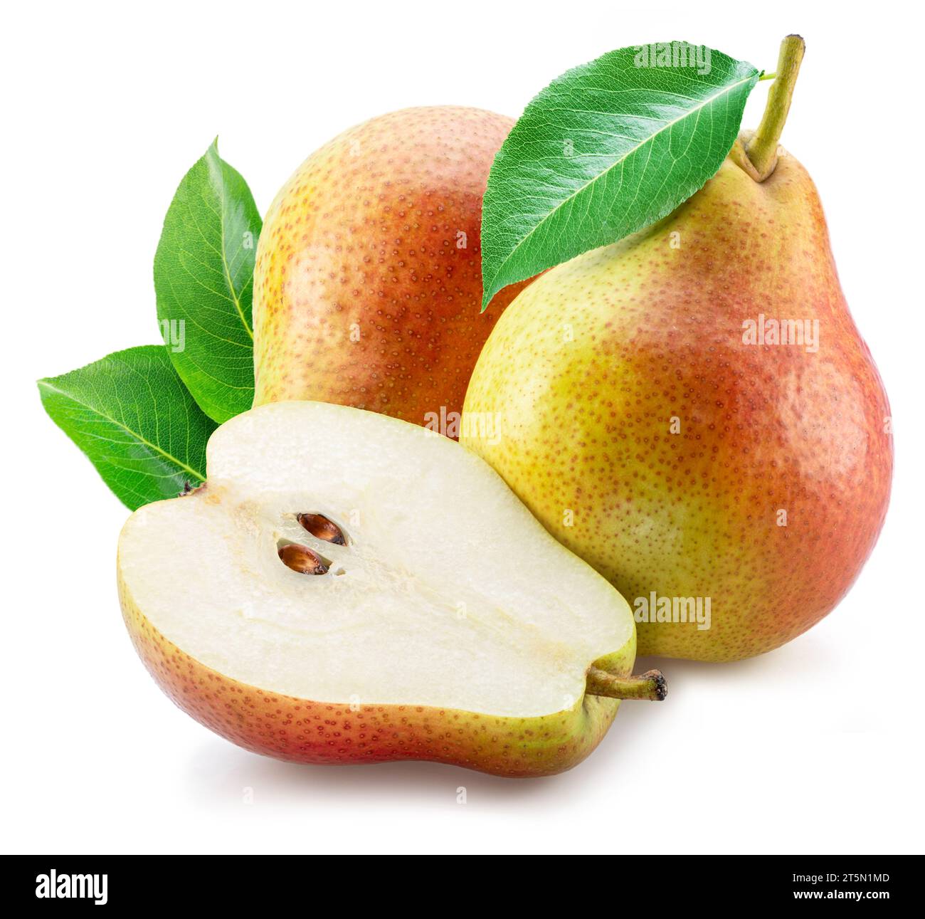 Pears and half of pear with green leaves isolated on white background ...