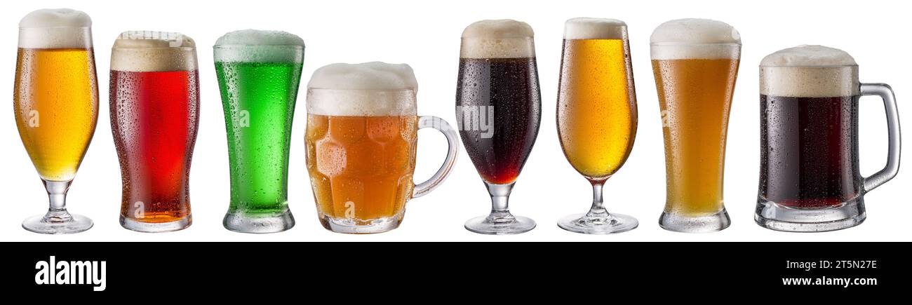 Collection of beer glasses and different beer types isolated on white ...