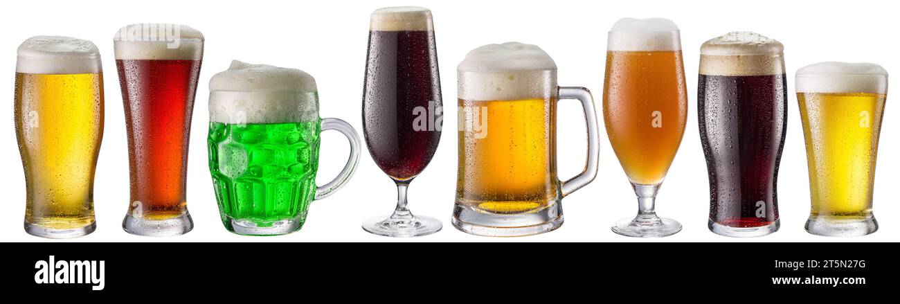 Collection of beer glasses and different beer types isolated on white ...