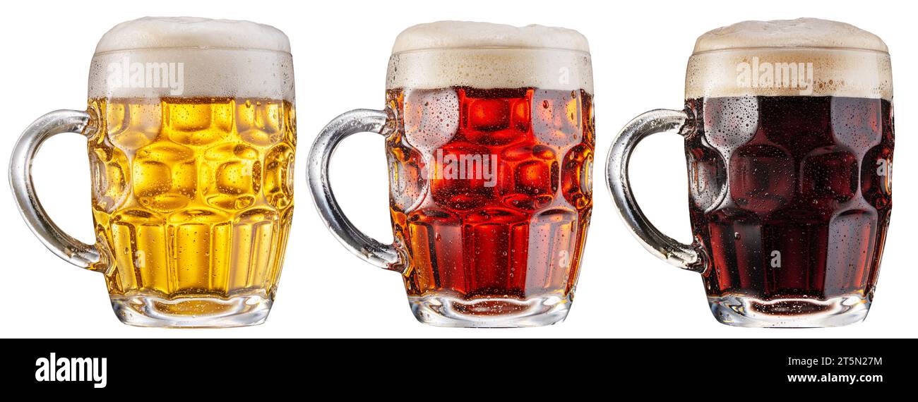 Collection mug beer glasses and different beer types isolated on white ...