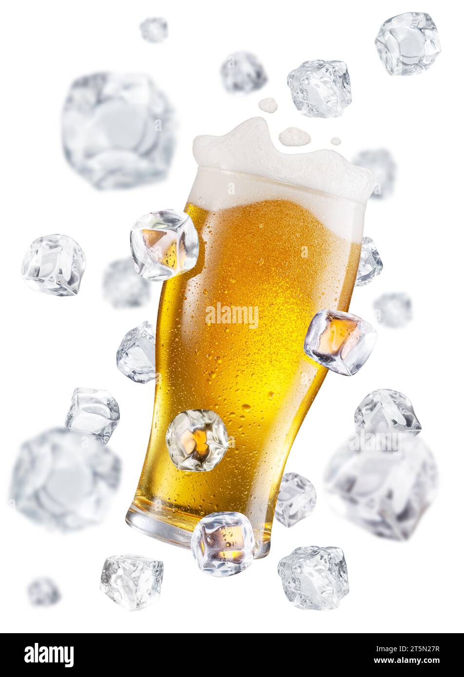 Beer glass surrounded with flying ice cubes. Conceptual picture of beer ...