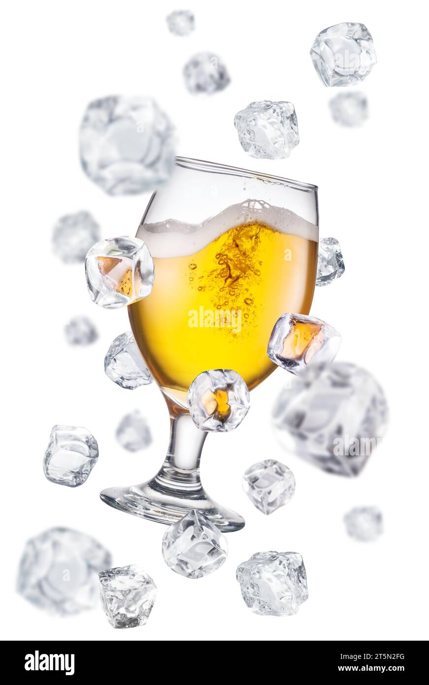 Beer glass surrounded with flying ice cubes. Conceptual picture of beer ...