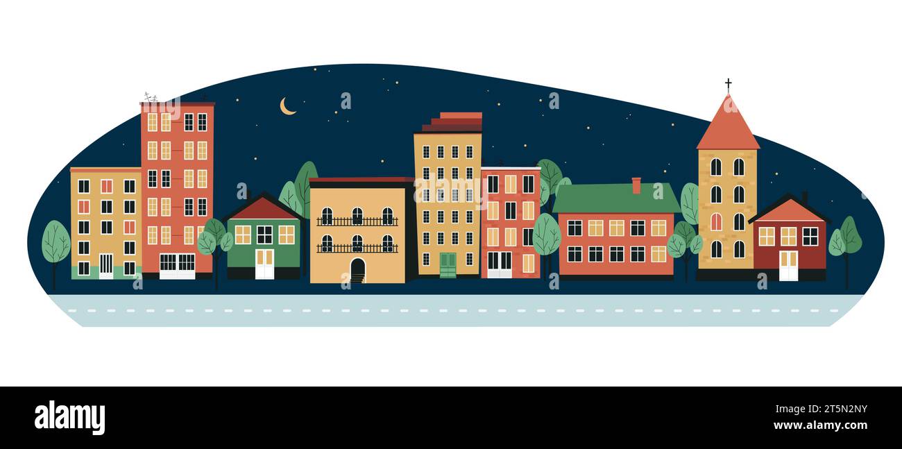 Night city, houses and buildings, trees near the roadway, starry night ...