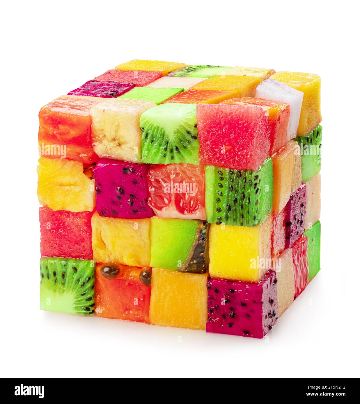Fruit puzzle cube arranged from different fruit cubes. Dietary concept ...