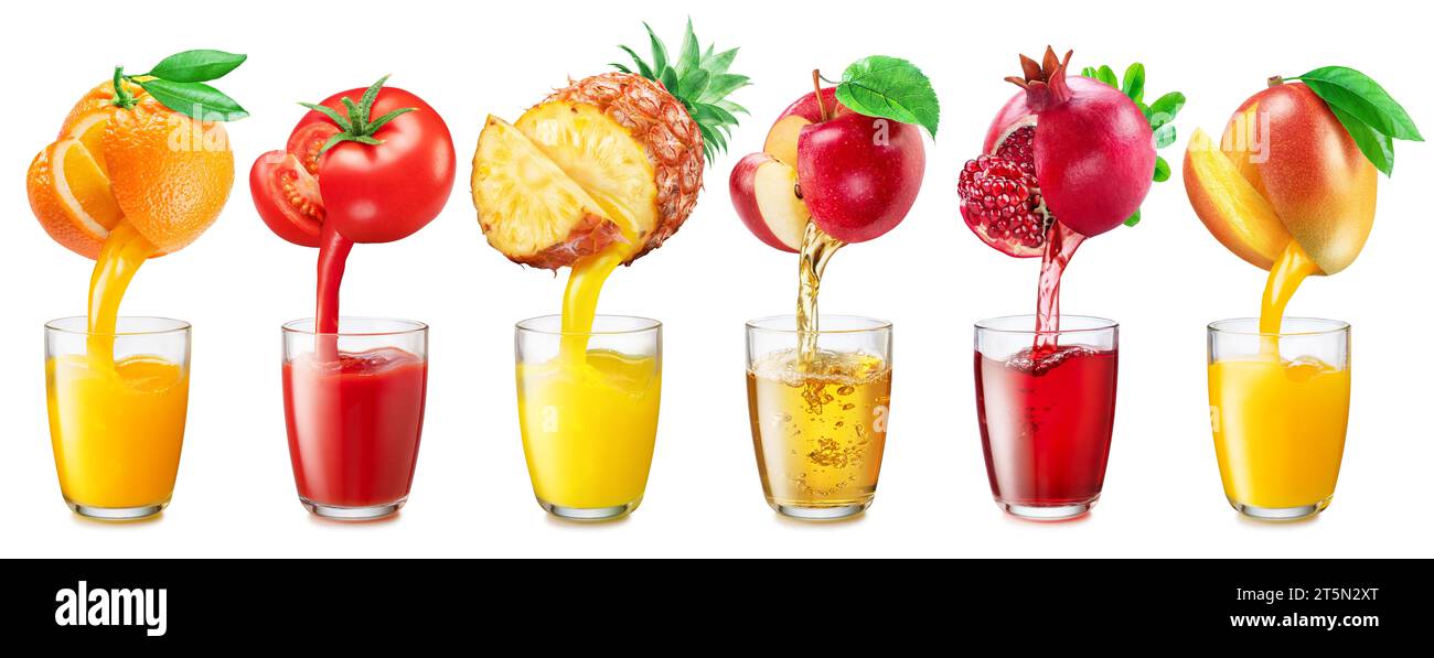 Collection of juice glasses and fresh juice pouring from fruits into ...