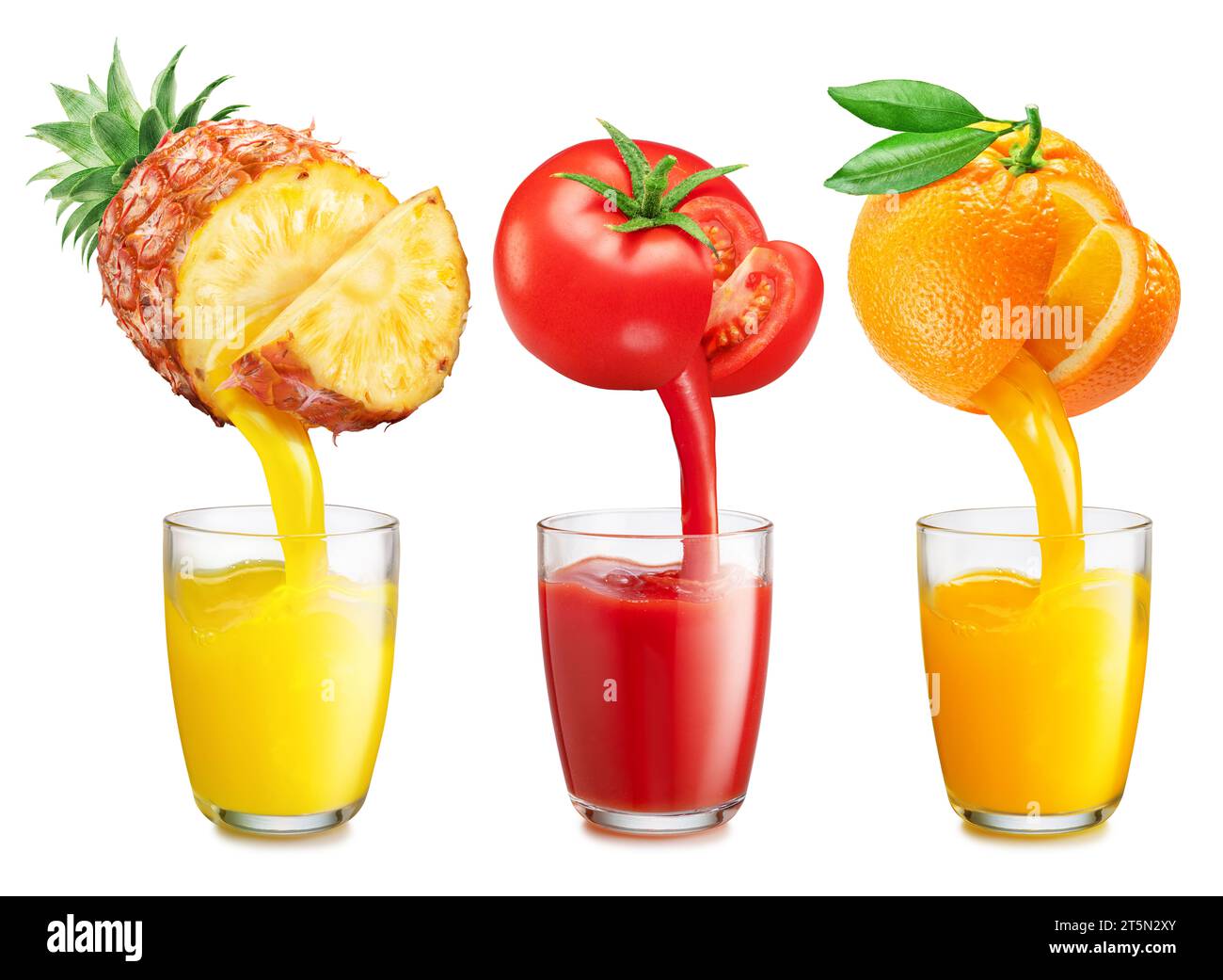 Collection of juice glasses and fresh juice pouring from fruits into ...