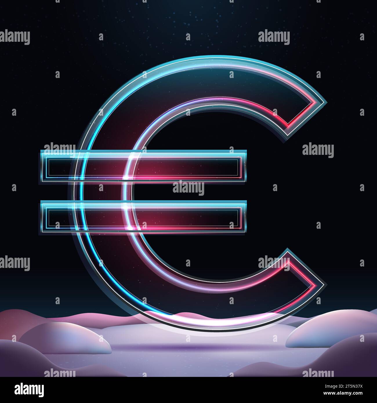 Realistic 3D rendering big glass Euro sign. European currency with neon ...