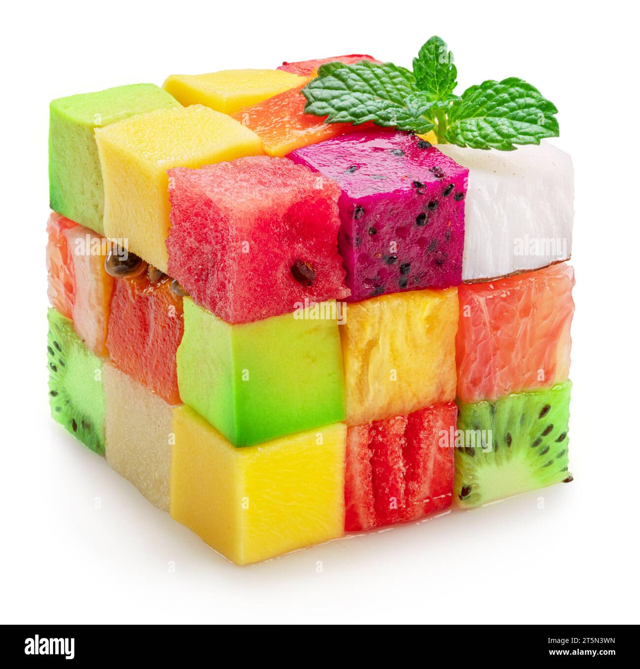 Fruit puzzle cube arranged from different fruit cubes. Dietary concept ...