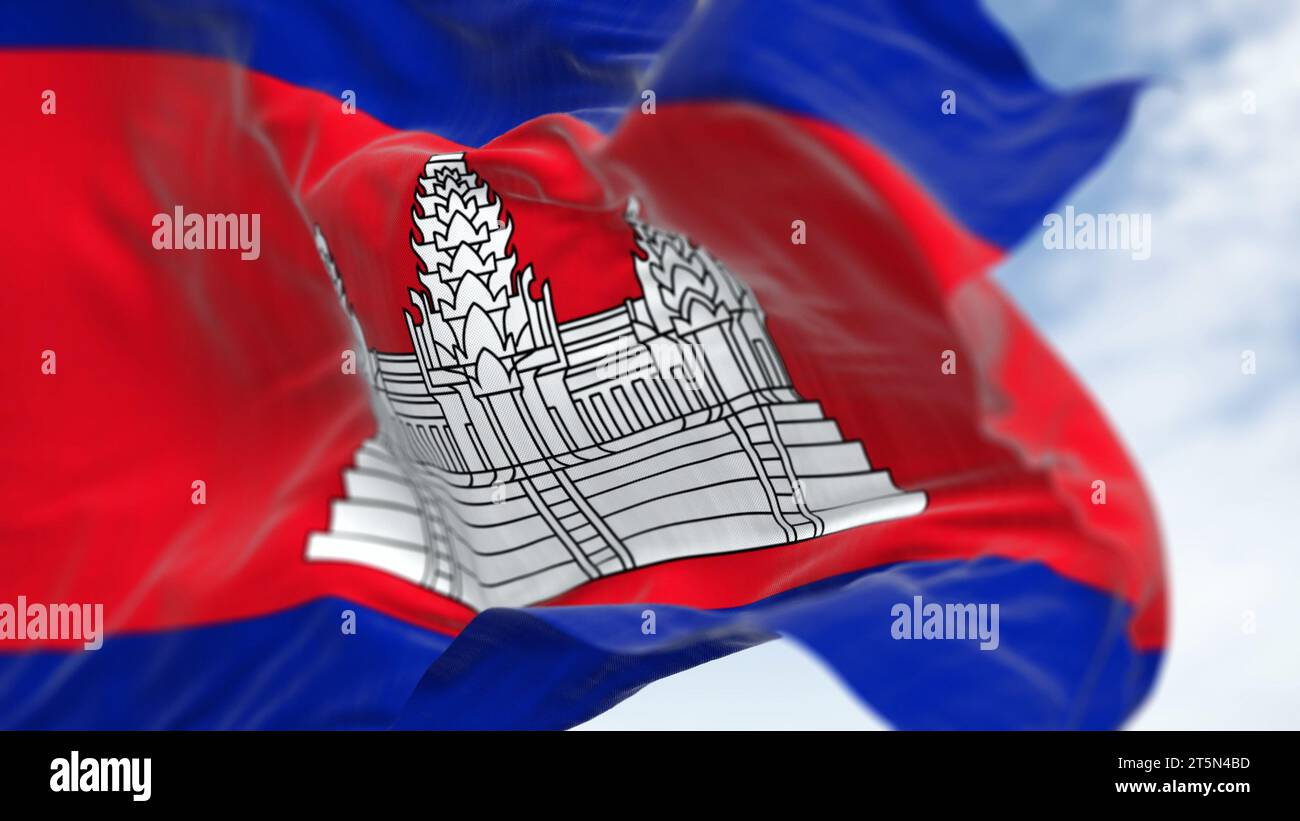 Close-up of Cambodia national flag waving. Three bands, blue, double ...