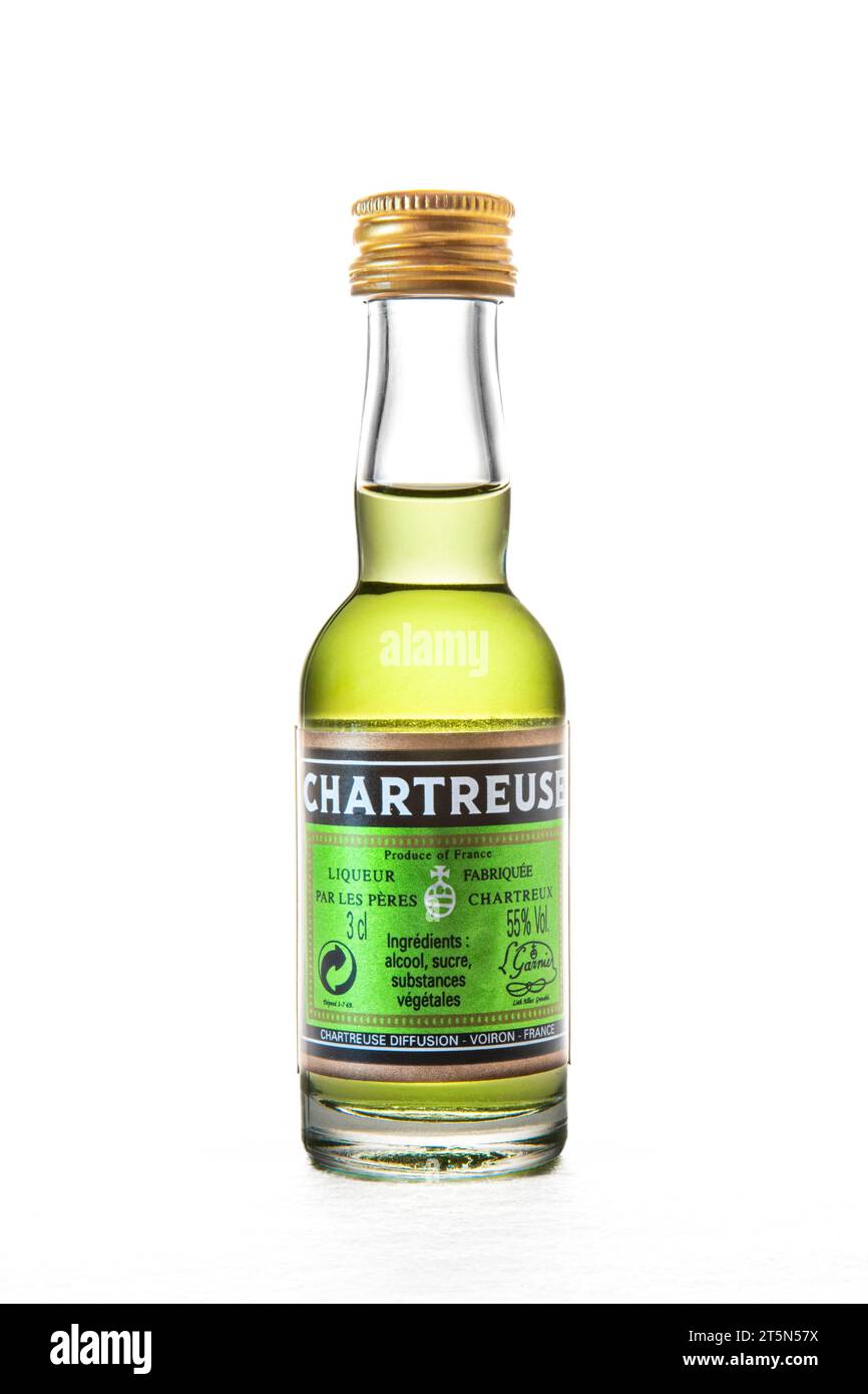 Small bottle of green Chartreuse liqueur produced by the monks of the ...