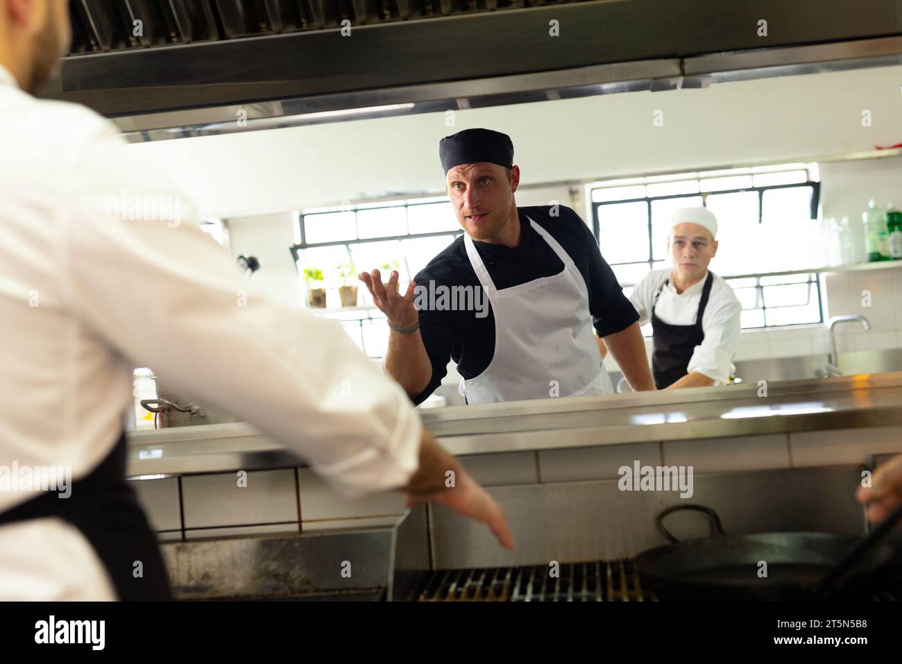 Three caucasian male chefs discussing in restaurant kitchen, copy space ...